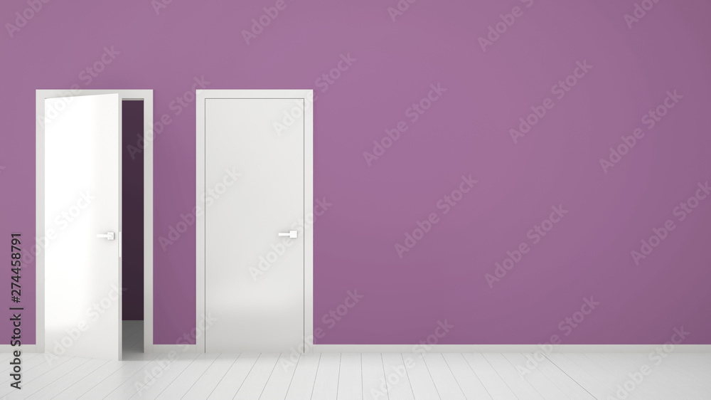 Empty purple room interior design with open and closed doors with frame ...