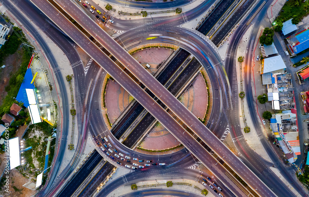 Aerial view Expressway motorway highway circus intersection at Night ...