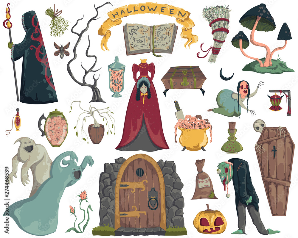 Halloween design elements set. Scary characters, ghosts, coffin ...