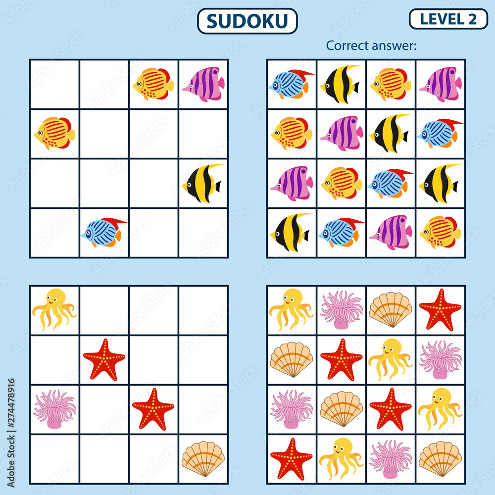 Set of logical tasks for children on the sea animals and fish theme ...