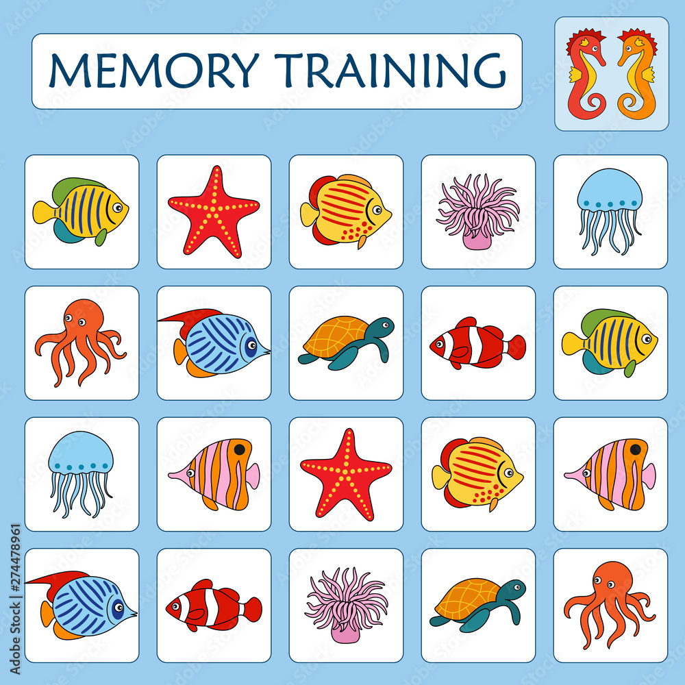 Memory game for preschool children on the sea animals and fish theme ...