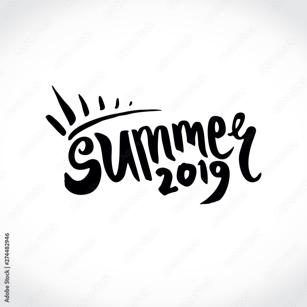 Summer 2019. Seasonal logo inscription and sun crown. Vector lettering ...