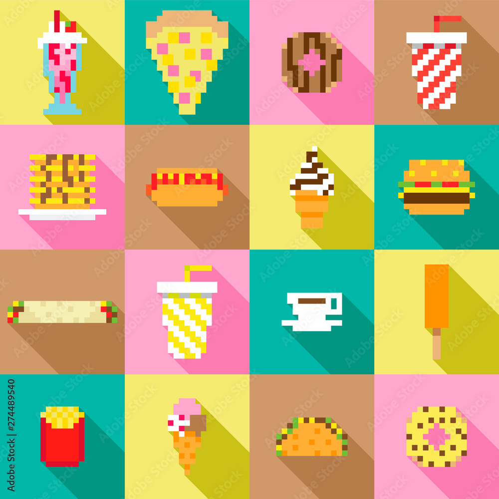 Pixel delicious fast food diner game icon set menu seamless pattern ...