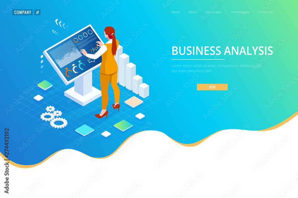 Isometric digital monitor with infographics. Female standing at the big ...