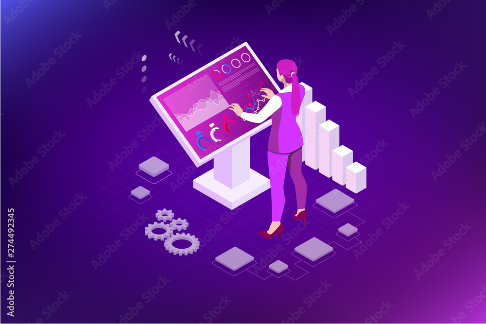 Isometric digital monitor with infographics. Female standing at the big ...