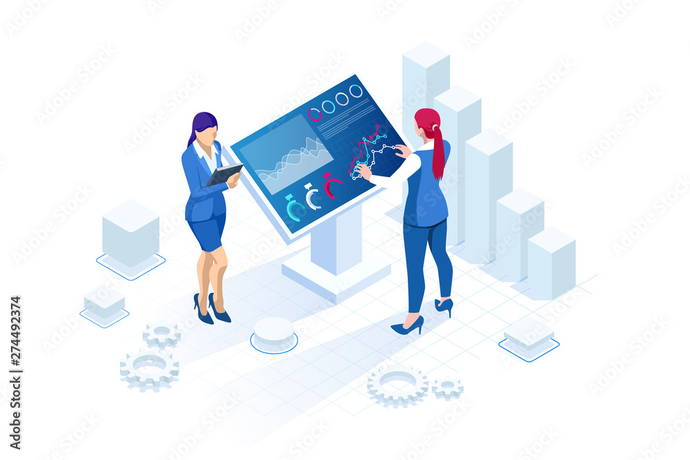 Isometric digital monitor with infographics. Female standing at the big ...