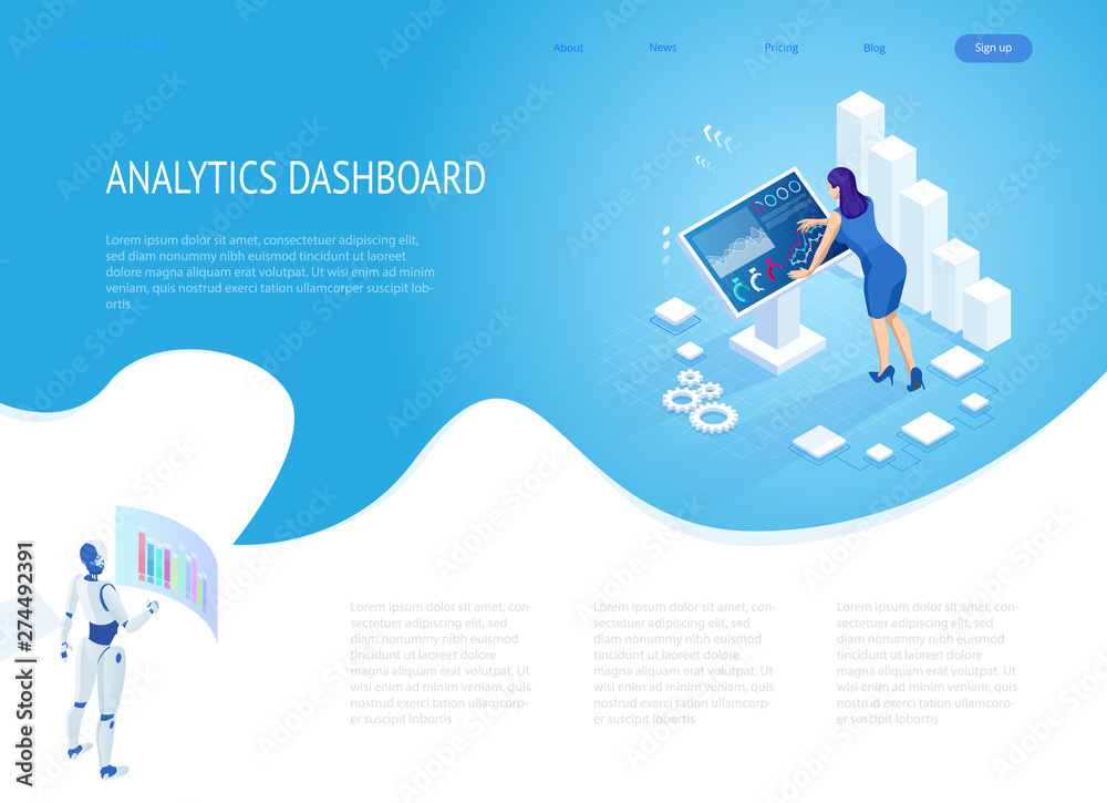Isometric digital monitor with infographics. Female standing at the big ...