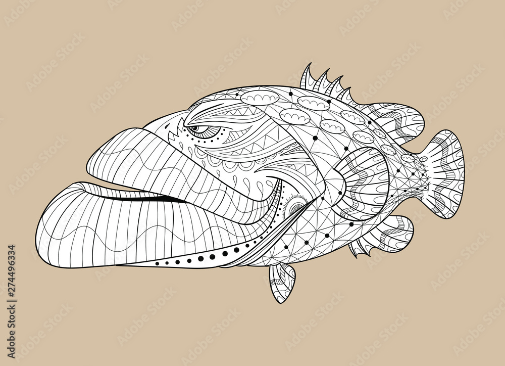 Black and white cartoon grouper for coloring with separate texture and ...