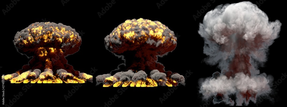 3D illustration of explosion - 3 huge different phases fire mushroom ...