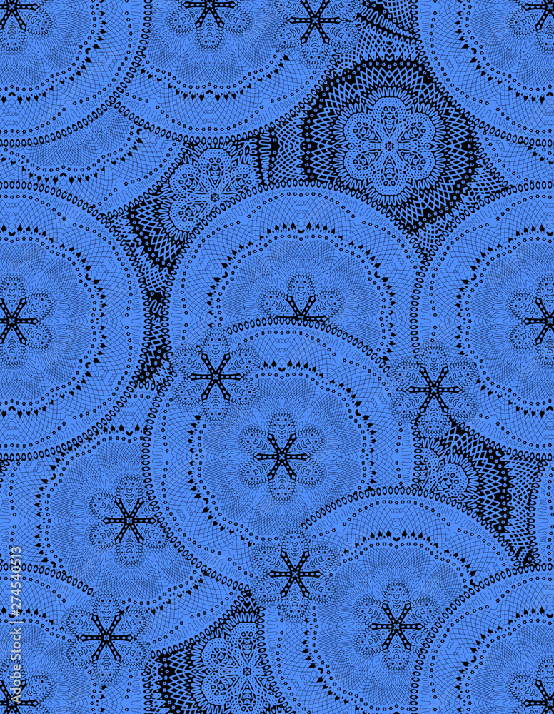 seamless round pattern design art with blue backgrounds in black flower ...