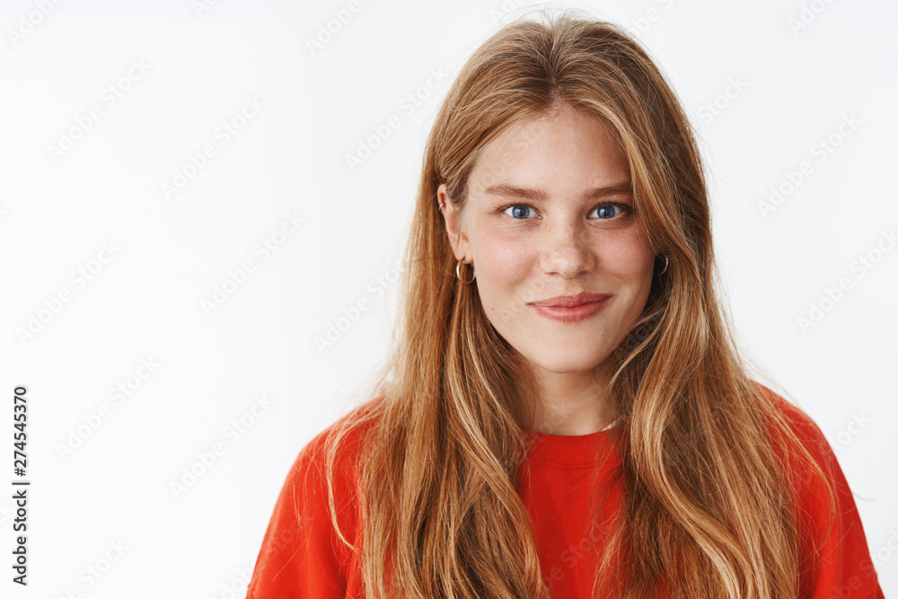 Portrait of charming charismatic and cute fair-haired girl with ...