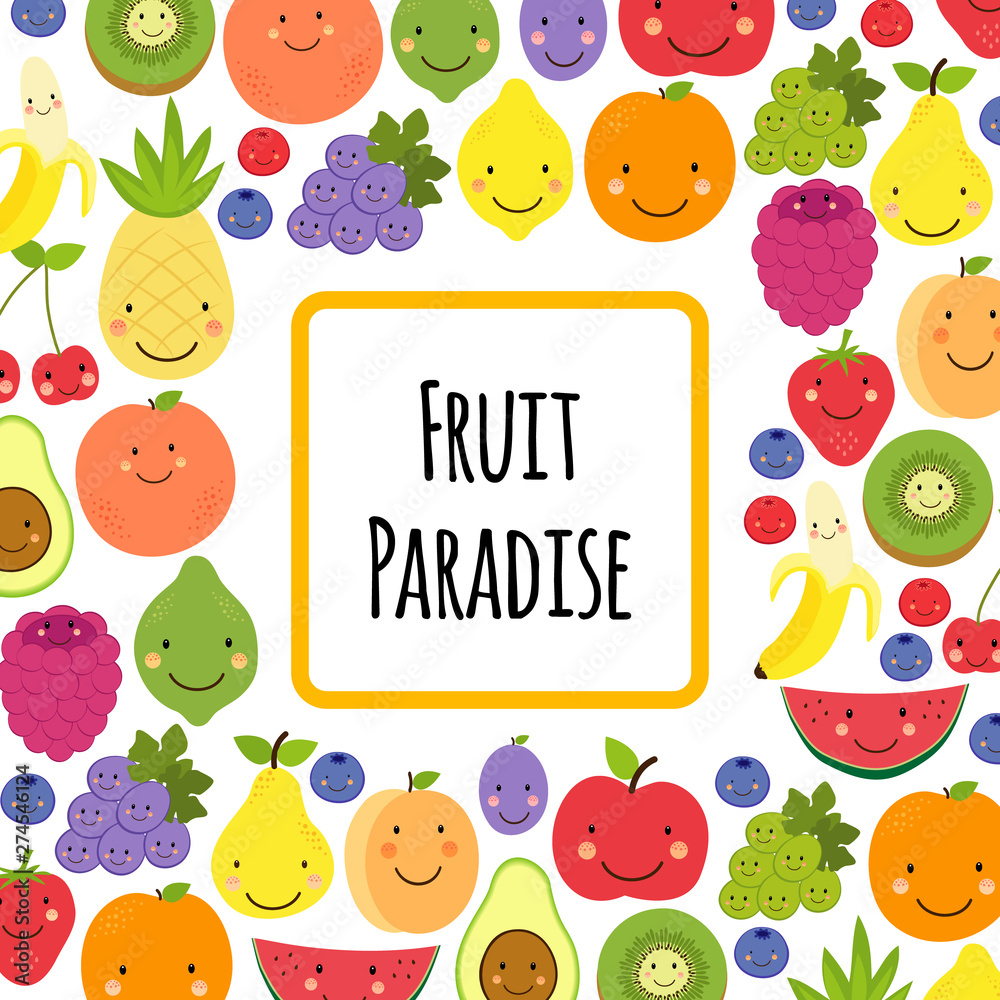 Cute Fruit Paradise frame background with various fruit characters ...