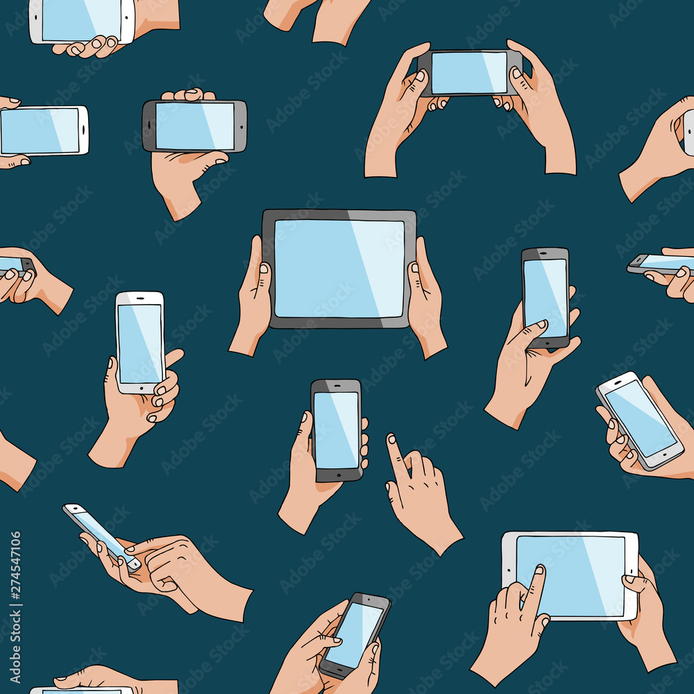 Hands with gadgets vector hand holding phone or tablet and character ...