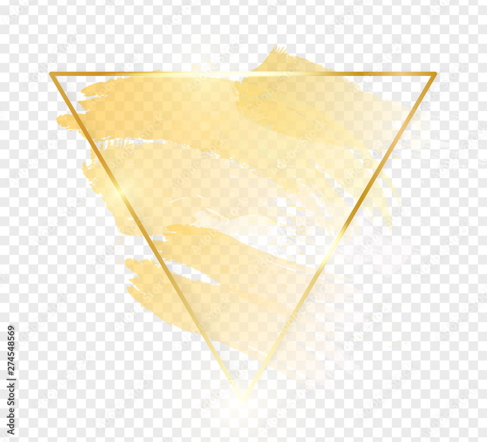Gold shiny glowing triangle frame with golden brush strokes isolated on ...