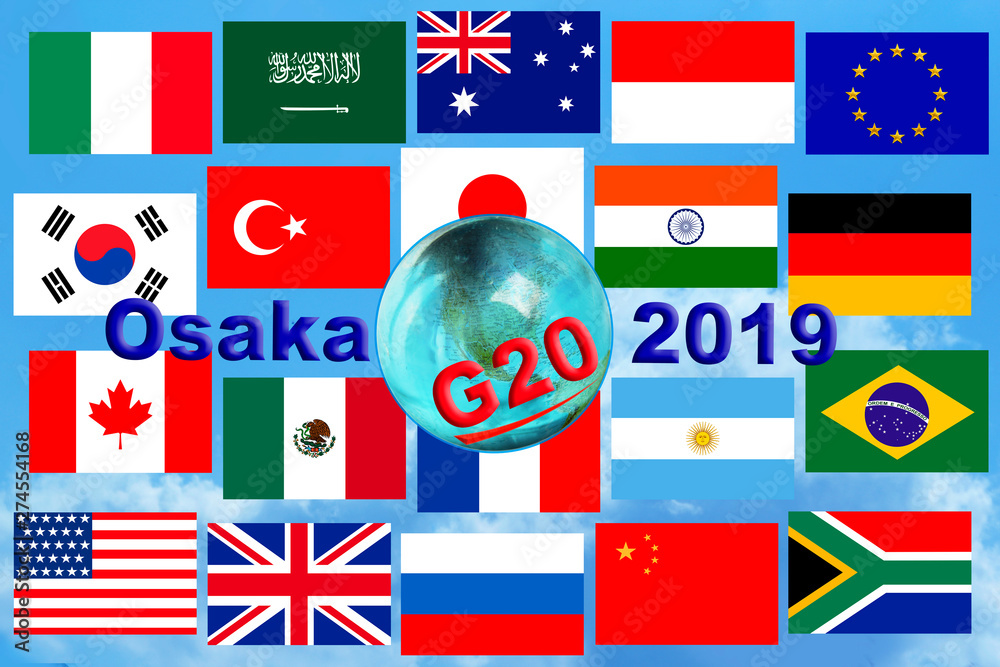 flags of the G20 summit countries in the Japanese city of Osaka against ...