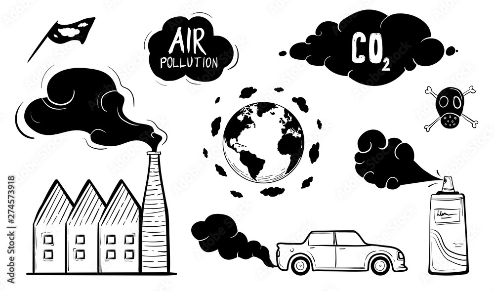 Air Pollution Icon Set Hand Drawn Vector Illustration Stock Vector ...