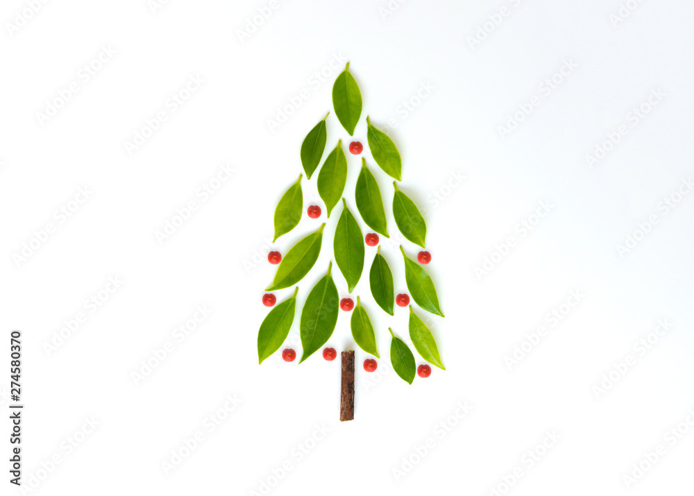 Flat lay Christmas tree with cherry on the white screen isolated from ...