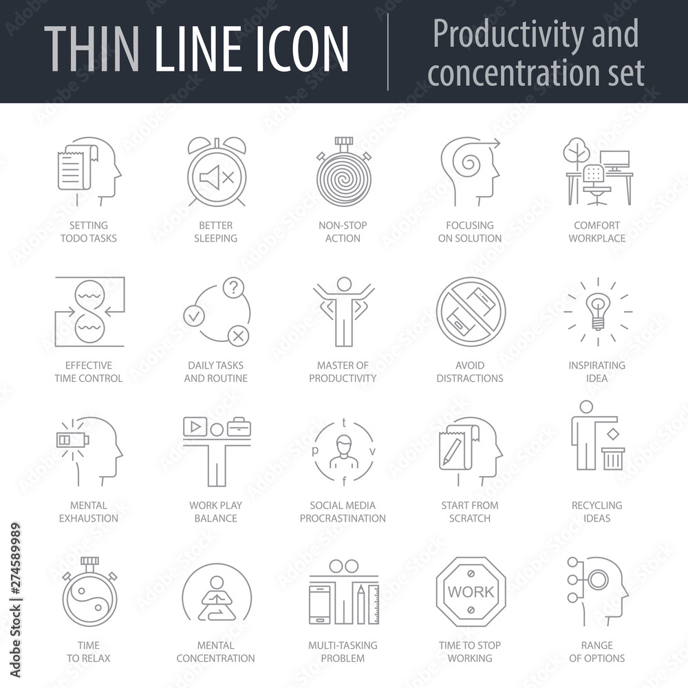 Icons Set of Productivity And Concentration. Symbol of Intelligent Thin ...