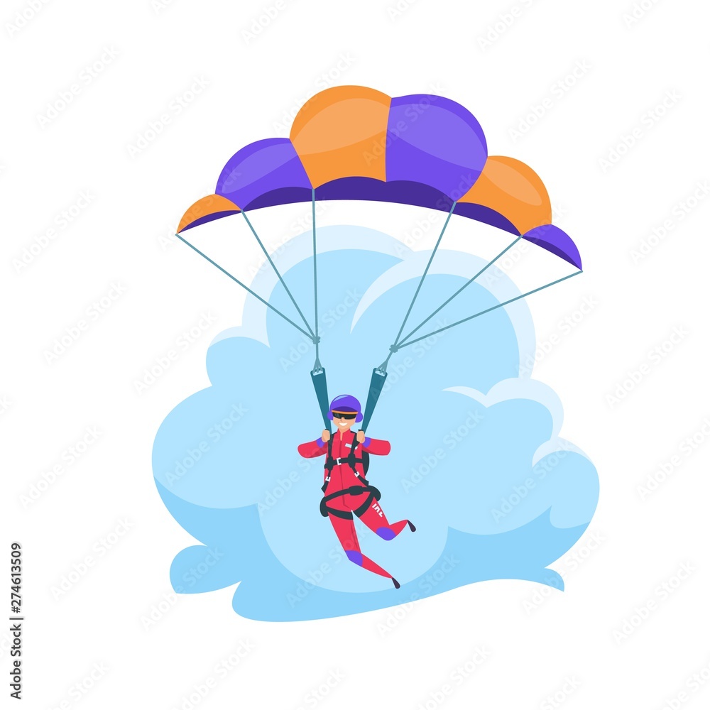 Cartoon skydiver. Parachuting extreme sport, falling flat character ...