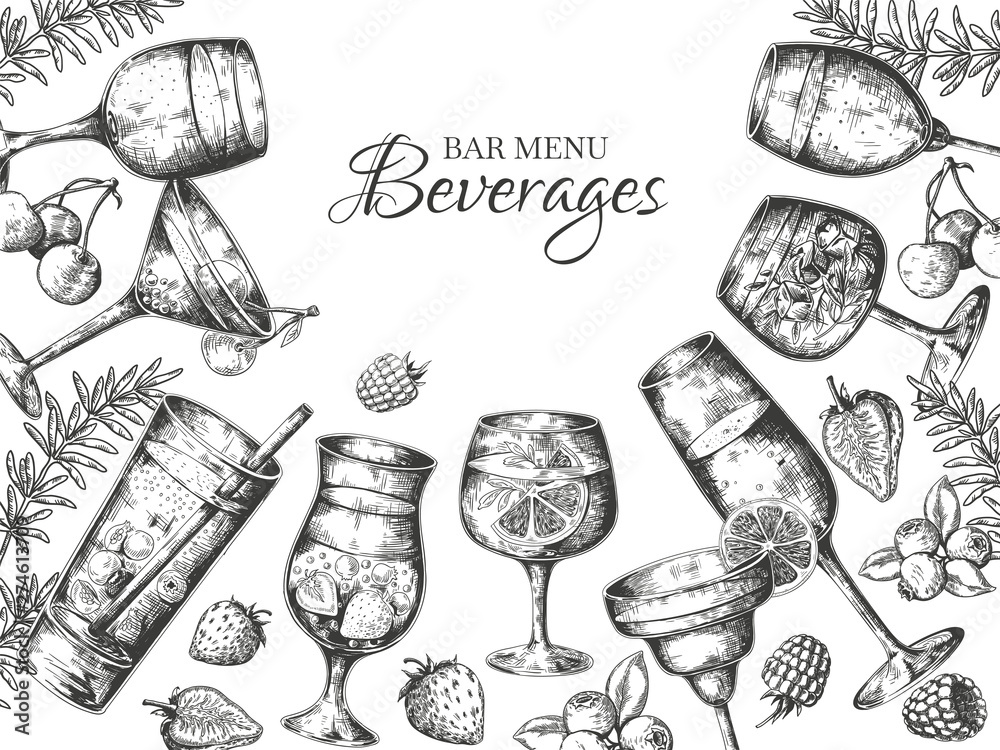 Hand drawn cocktails background. Alcoholic beverages and lemonades ...