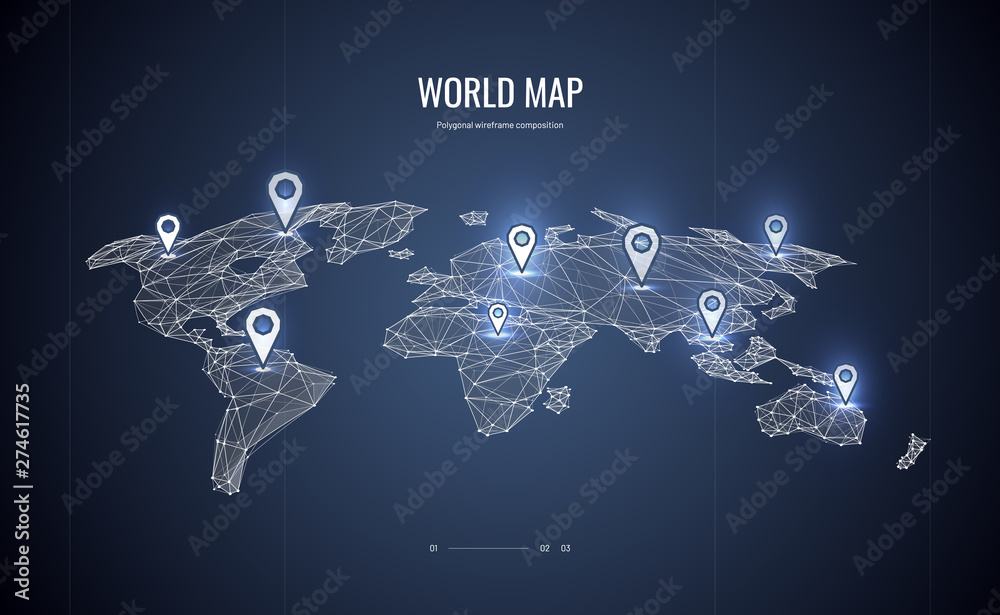 World map isometric. Polygonal wireframe composition. Marked location ...