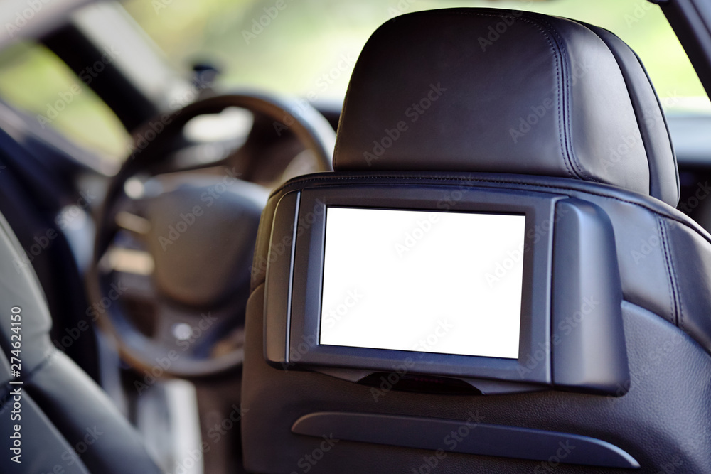 Car inside headrest screen mock up. Interior of prestige luxury modern ...