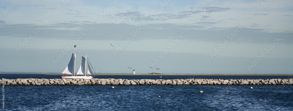 Sailboat and the Long Point Light Station in the distance panoramic ...
