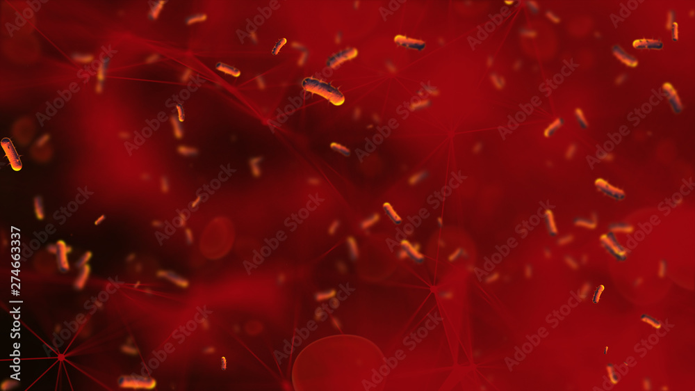 Bacteria, virus and Red infecting blood cells, traveling through a vein ...