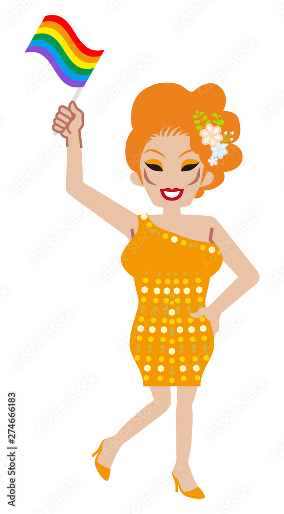 Drag queen who wearing orange color dress holding a rainbow flag Stock ...