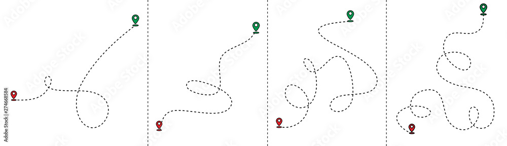 4 different routes with dotted lines. Vector path icon from start with ...
