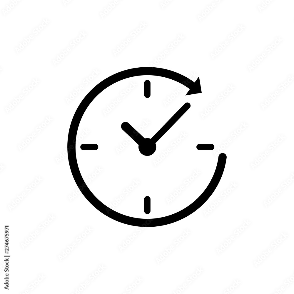 Black Clock with arrow icon isolated on white background. Time symbol ...