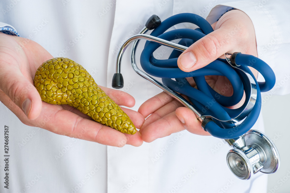 Concept photo diagnostics and treatment of diseases of pancreas gland ...