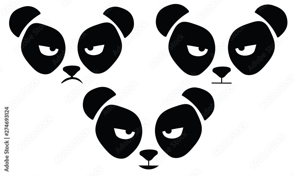 Hand drawn isolated on white background three panda heads. Black white ...