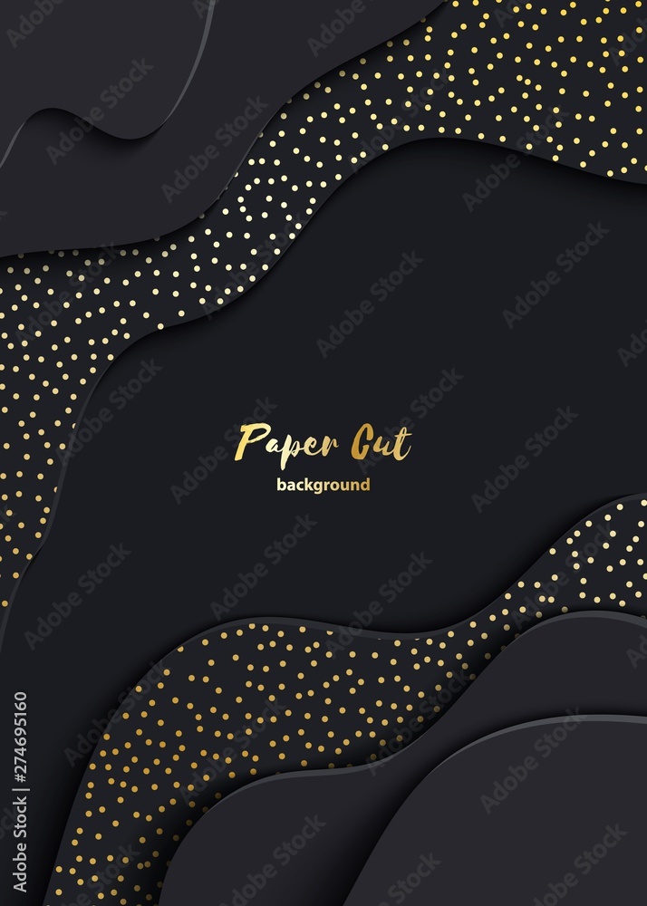 Black paper cut 3d background. Abstract realistic papercut wavy layers ...