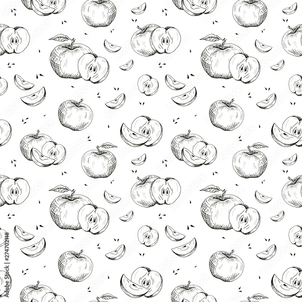 Apple background. Seamless pattern of hand-drawn black apples on white ...