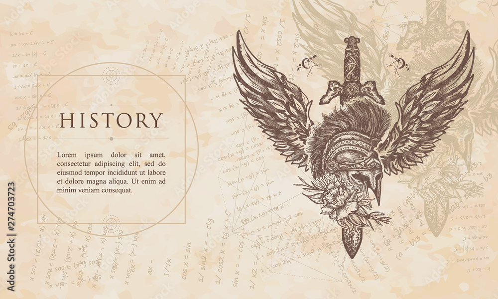 History. Ancient soldier, spartan warrior. Swords, rose and angel wings ...