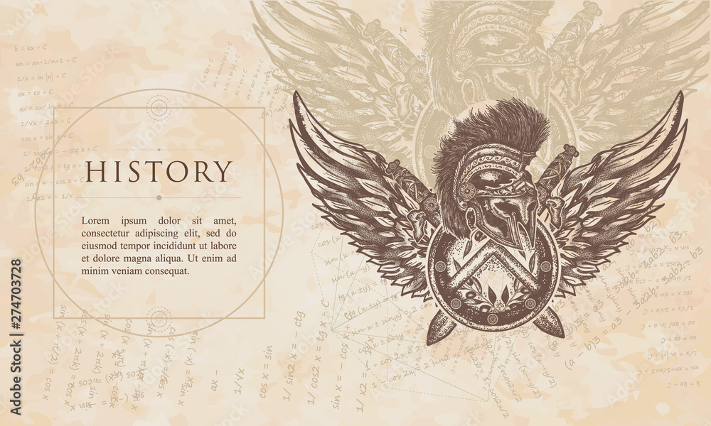 History. Spartan warrior. Swords and angel wings. Symbol of bravery ...