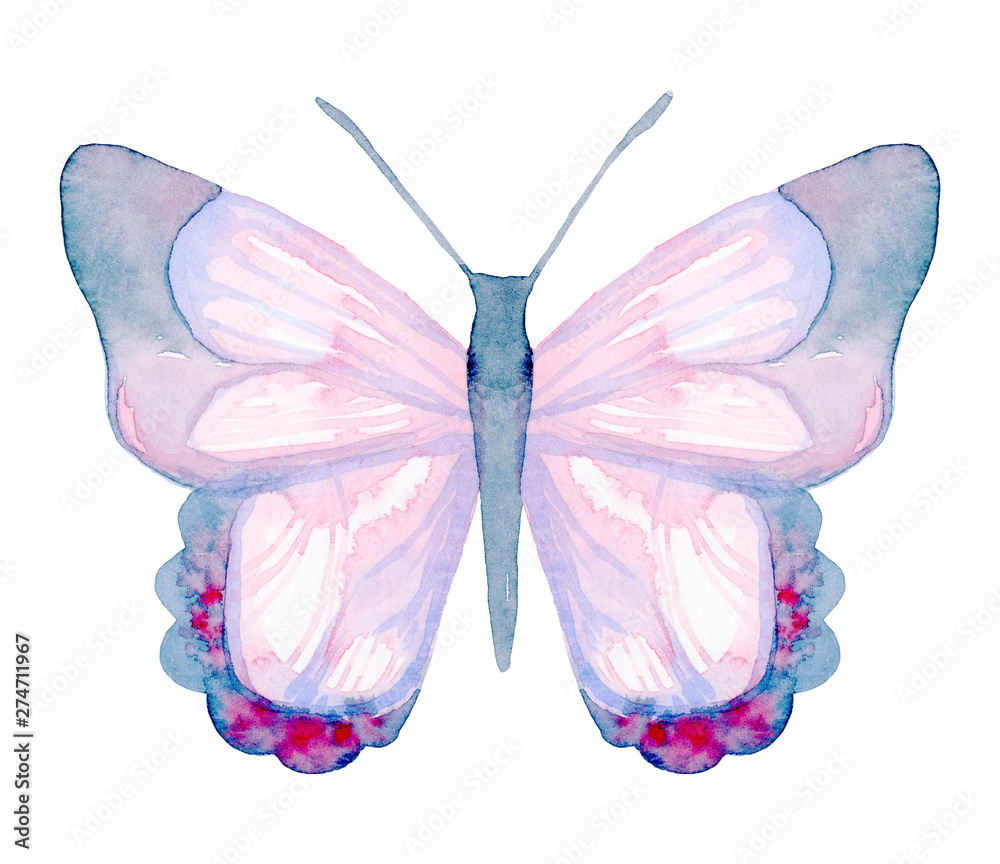 Cartoon watercolor illustration. Cute hand-drawn purple butterfly ...