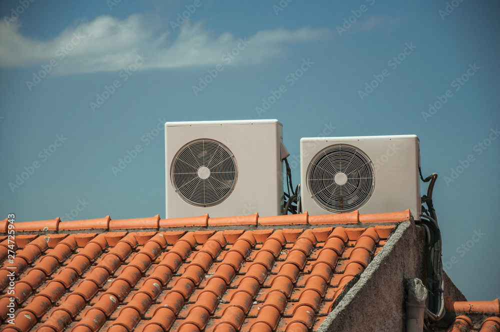 Outside part of air conditioning installation on rooftop Stock Photo ...