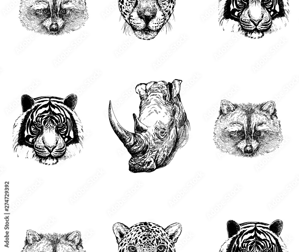 Seamless pattern of hand drawn sketch style portraits of animals: tiger ...