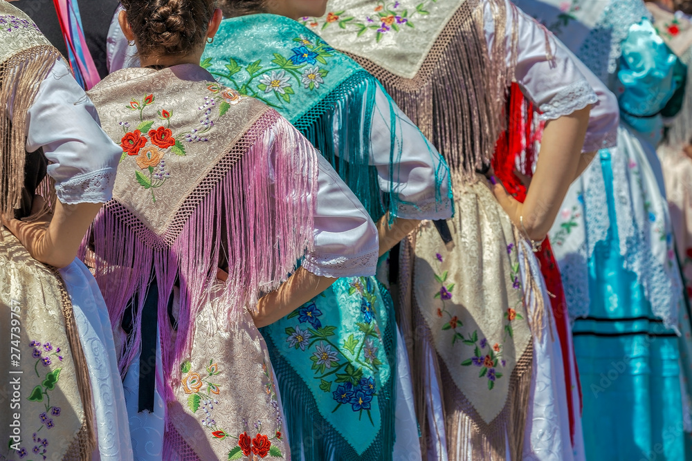 Detail of traditional German folk costume worn by women of ethnic ...