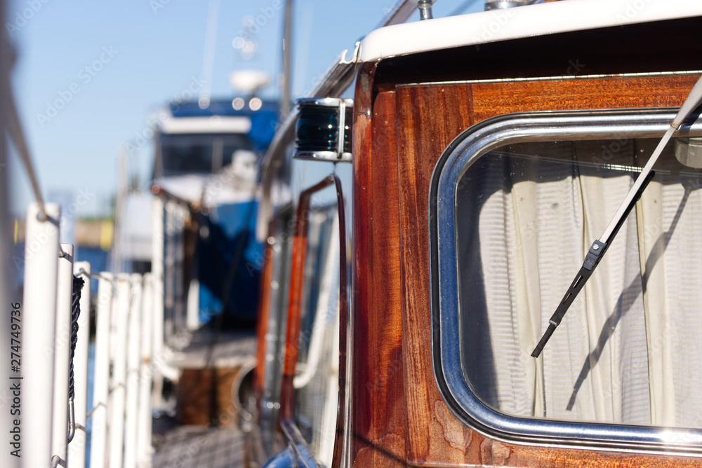 Old classic retro beautiful yacht docking at the port. Seen from the ...