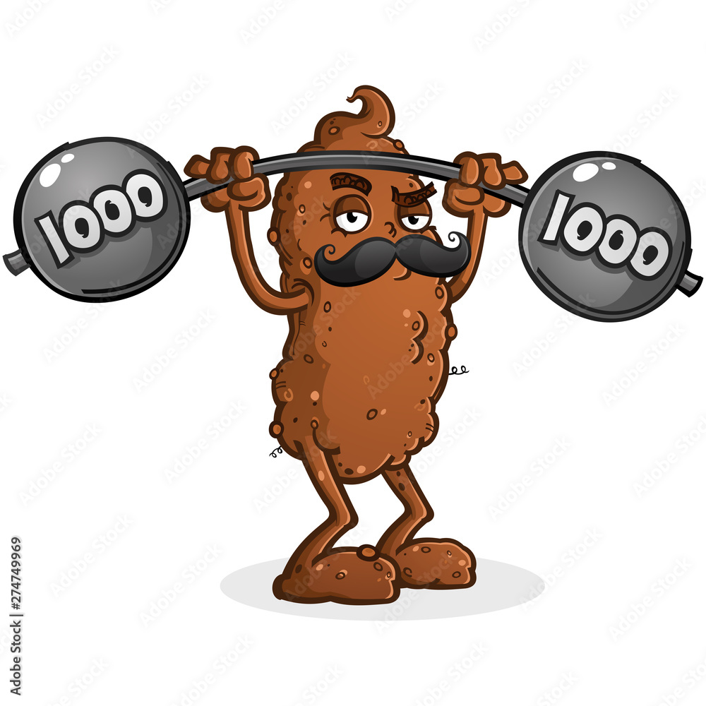 A tough and jolly poop vector cartoon character lifting a heavy barbell ...