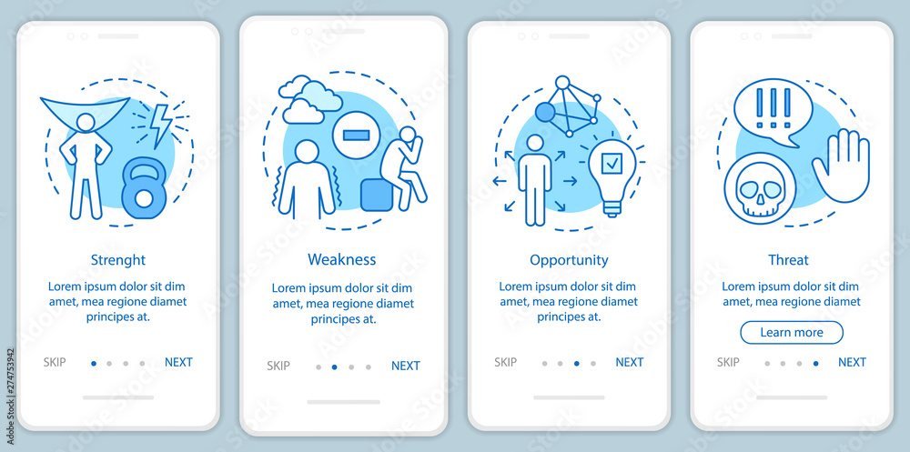 SWOT analysis blue onboarding mobile app page screen vector template ...