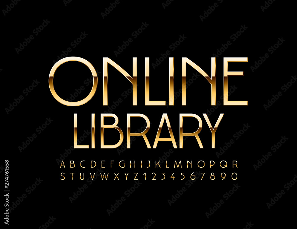 Vector shiny sign Online Library with Golden Uppercase Font. Chic thin ...
