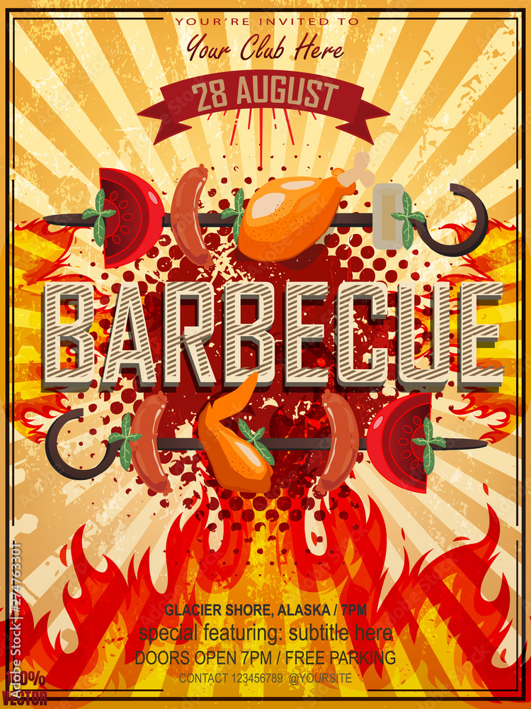 Bbq party invitation with grill, food sketches elements and fire on ...