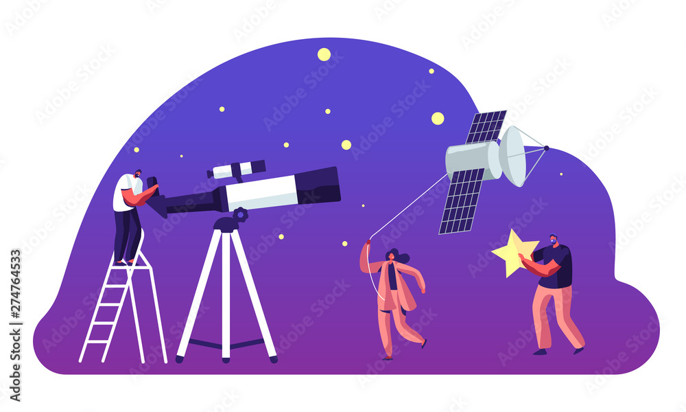Astronomy Science, Character Watching on Space at Telescope, Woman Pull ...