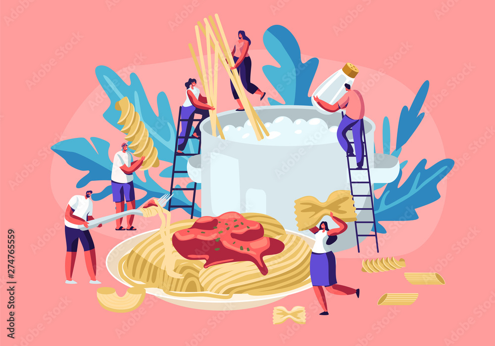 Male and Female Characters Cooking Pasta, Putting Spaghetti and Dry ...