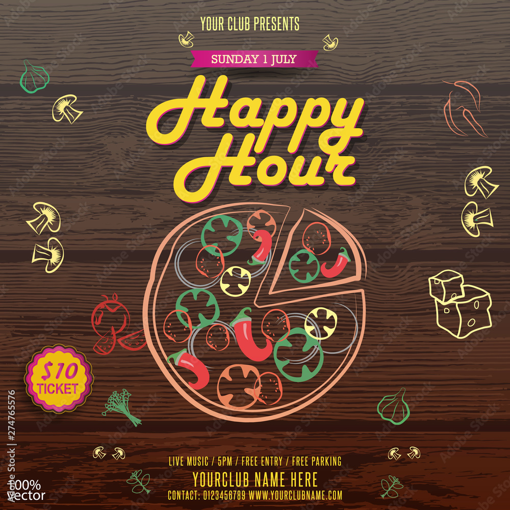 Happy hour Pizzeria menu poster or flyer design with food icons on ...