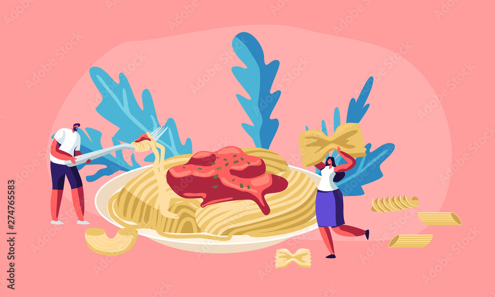 Male and Female Characters Eating Spaghetti Pasta with Tasty Sauce from ...